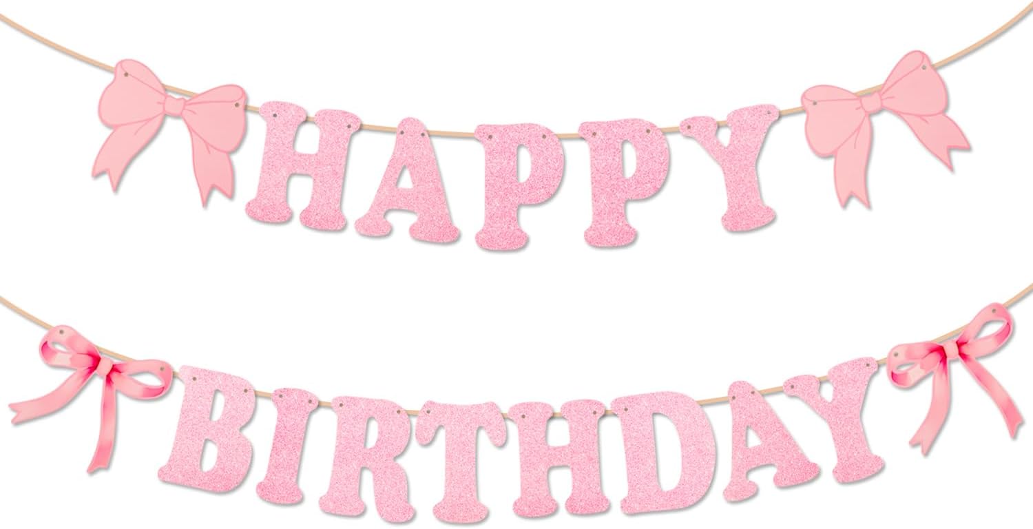 Amazon.com: Pink Bow Happy Birthday Banner - Bow Girl First/1st ...