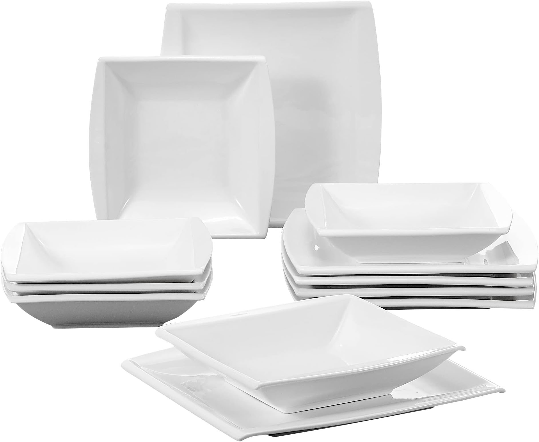 MALACASA Dinner Sets for 6 People, 12-Piece Modern Porcelain Square ...
