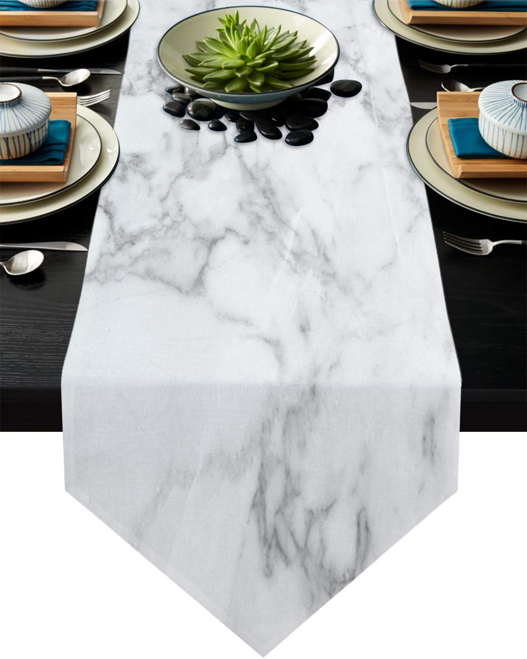 Amazon.com: Marble Linen Table Runner-70Inch Long White and Grey Stone ...