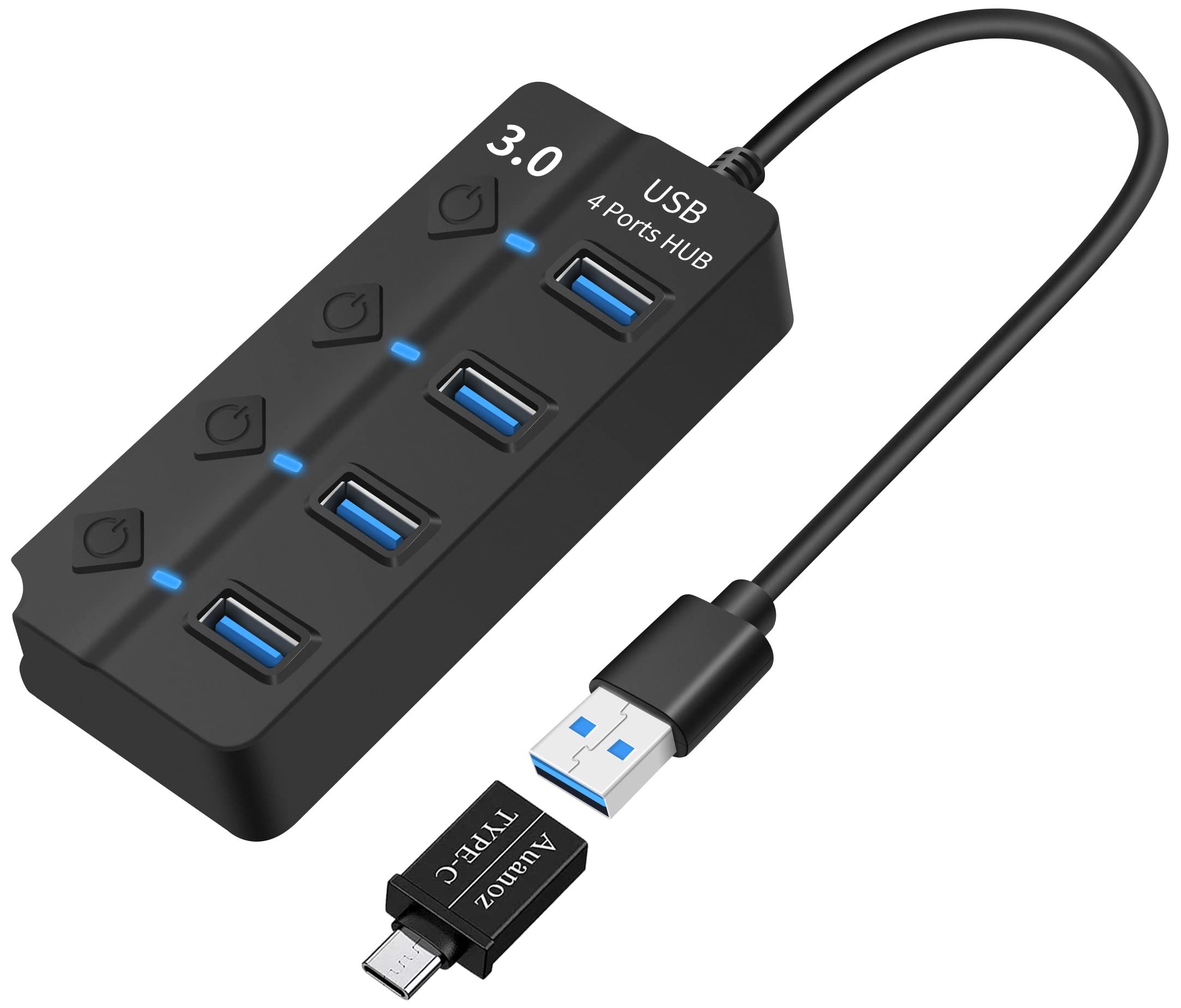 Buy Aunaoz 4-Port USB 3.0 Data Hub with Individual LED Power Switches ...