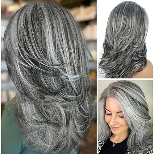 Amazon.com : LEOSA Gray Wigs for Women Silver Wig with Curtain Bangs ...