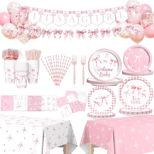 Amazon.com: Party Inspo Pink Bow Baby Shower Decorations – 171 PCs Pink ...