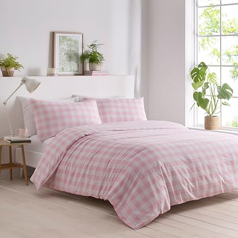 Portfolio Home Gingham Check Pink Double Soft Easy Care Bed Linen ...