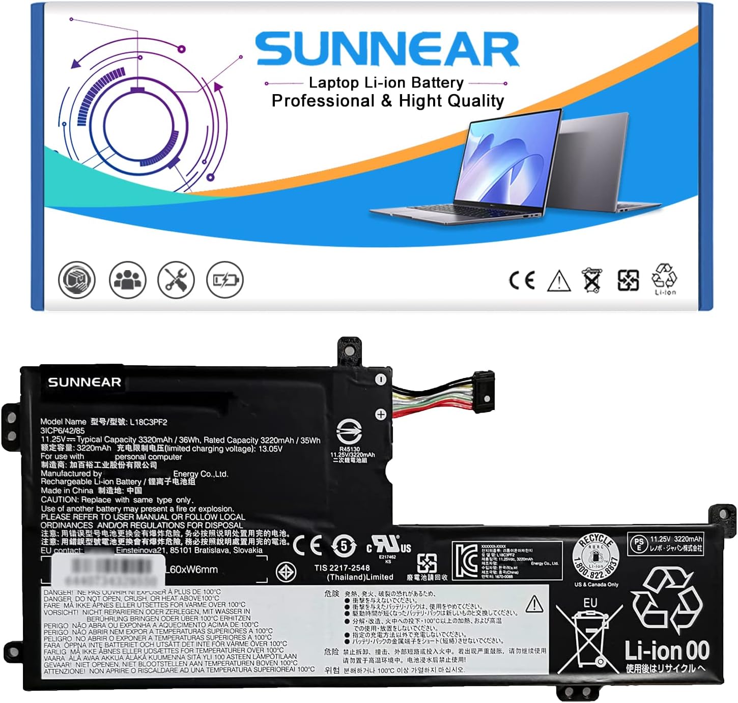 Amazon.com: SUNNEAR L18C3PF2 36Wh Battery Replacement for Lenovo ...