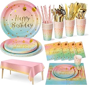 Amazon.com: Nkaiso Birthday Party Tableware, 161 Pieces Rainbow gold ...