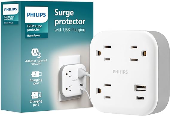 Amazon.com: Philips EZFit 3-Outlet Surge Outlet Extender with USB, 1 ...