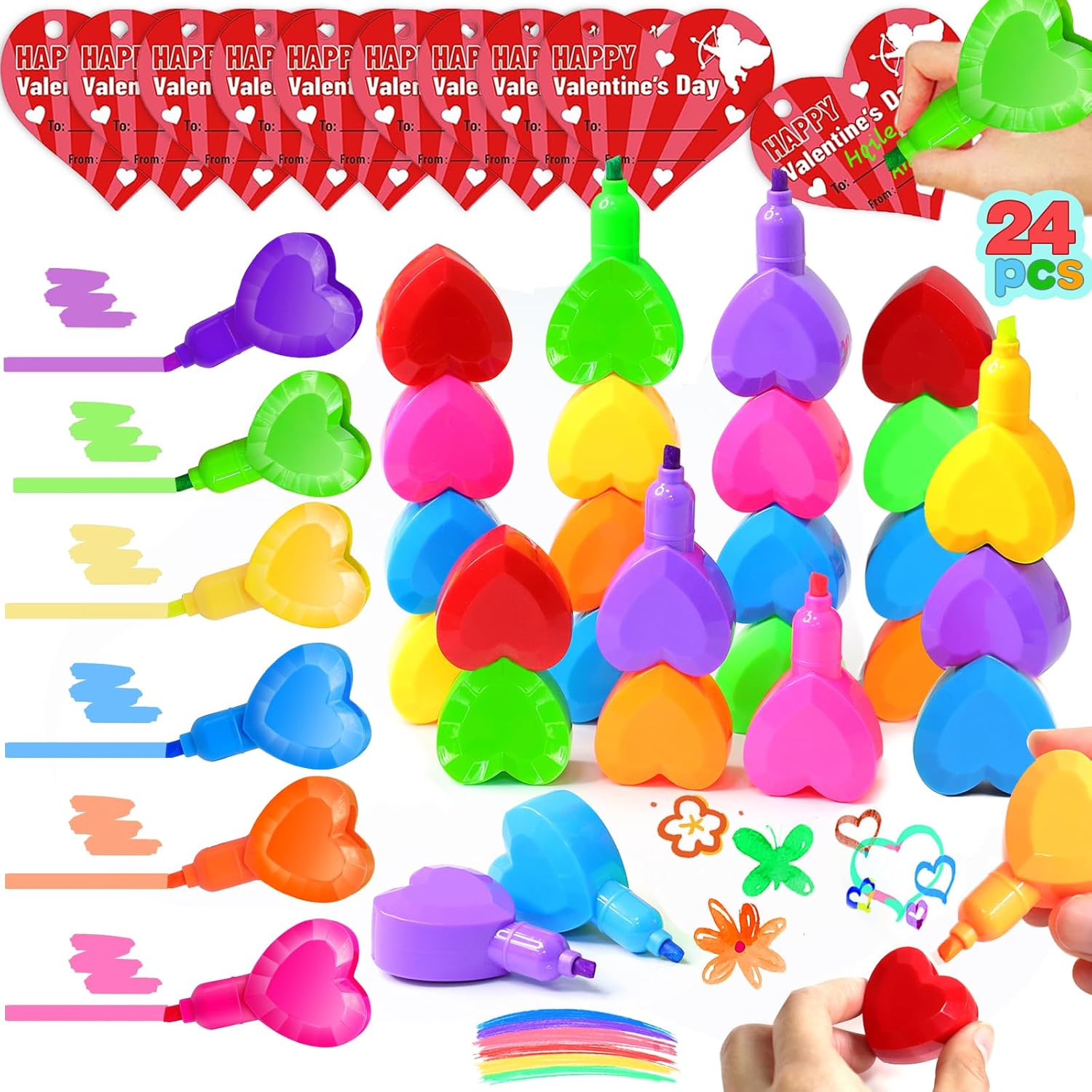 Amazon.com: 24 Pack Valentines Day Cards with Highlighter Pens ...
