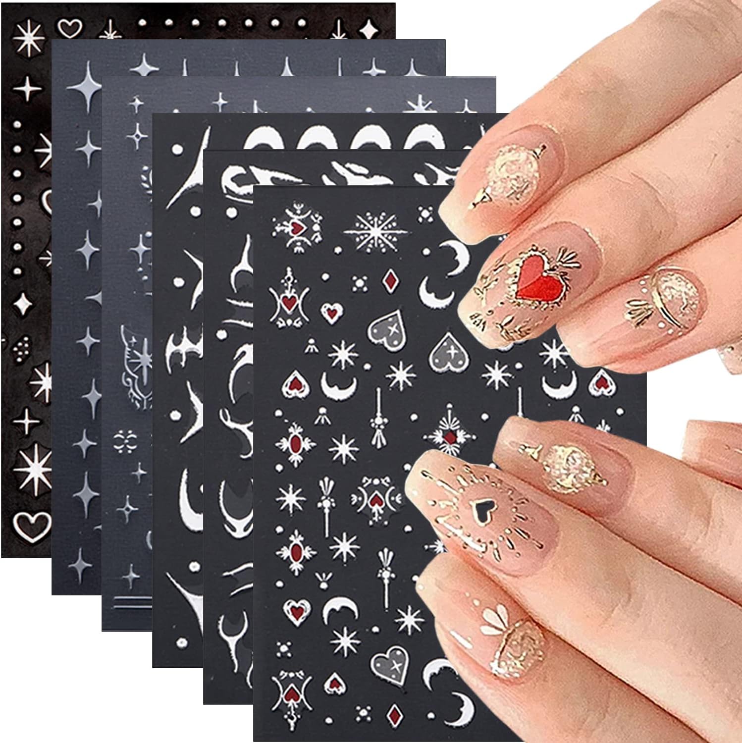 Amazon.com: 6 Sheets Star Moon Nail Art Stickers Decals 3D Self ...