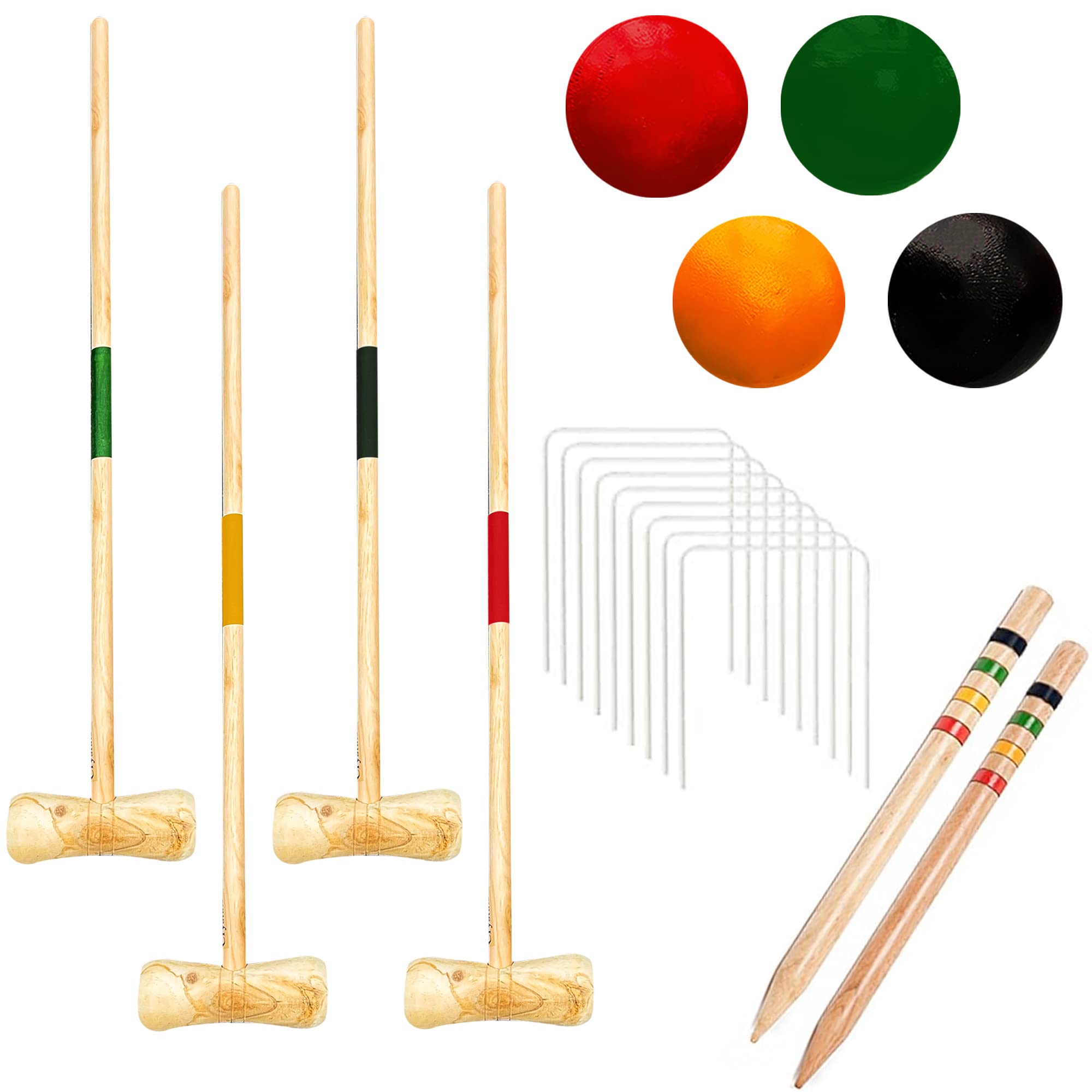 Croquet Set for 4 Player with 4 Pine Wooden Mallets, 4 Colored Ball, 2 ...
