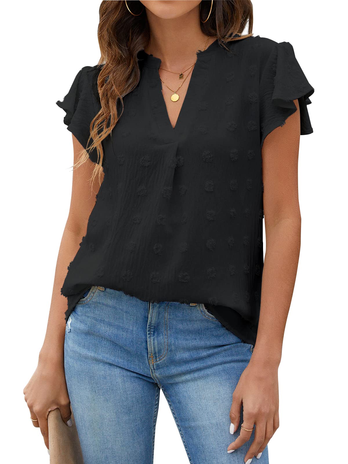 Blooming Jelly Womens White Blouse V Neck Ruffle Sleeve Flowy Shirts ...
