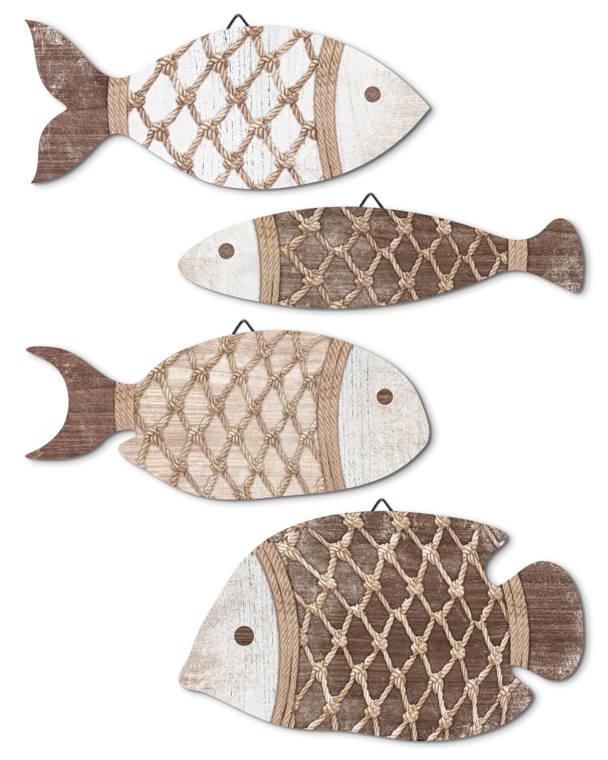 Amazon.com: Putuo Decor Rope & Net Textured Wood Fish Wall Art Set of 4 ...