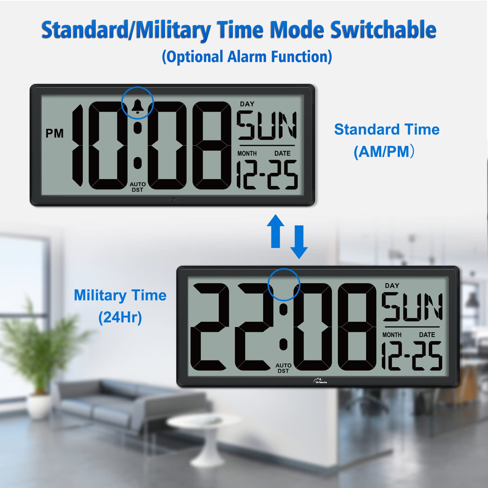 WallarGe Large Digital Wall Clock Battery Operated Large Display with ...