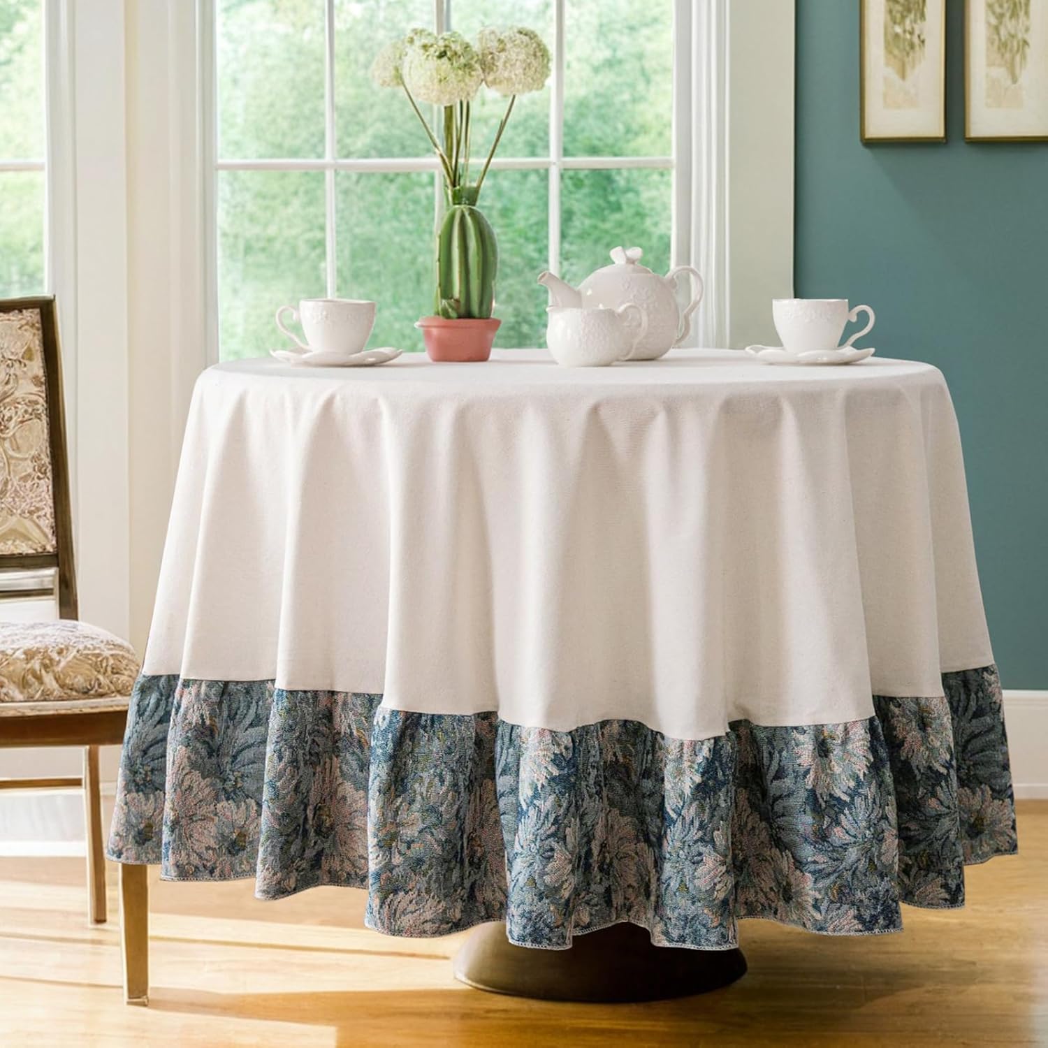 Amazon.com: OMMATO Round Linen Tablecloth 48 Inch White Ruffled Retro ...