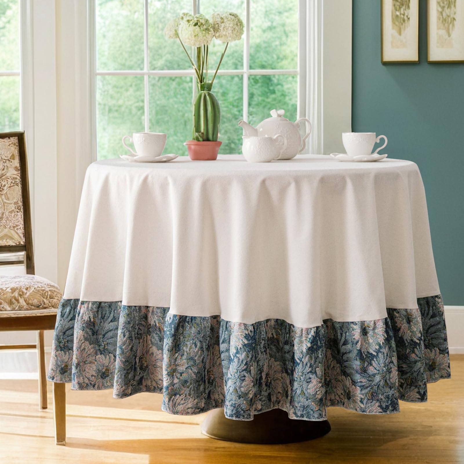 Amazon.com: OMMATO Round Linen Tablecloth 48 Inch White Ruffled Retro ...