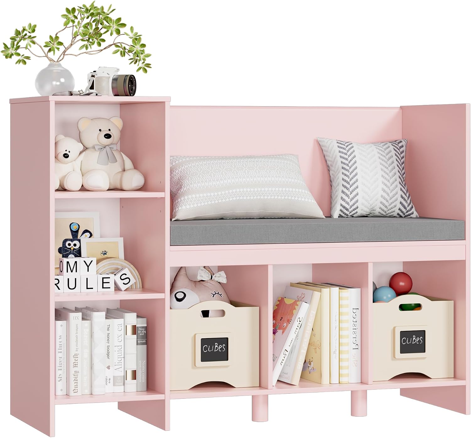 Amazon.com: HOUSUIT 43.3" Kids Reading Nook Bench, Nursery Bookshelf ...