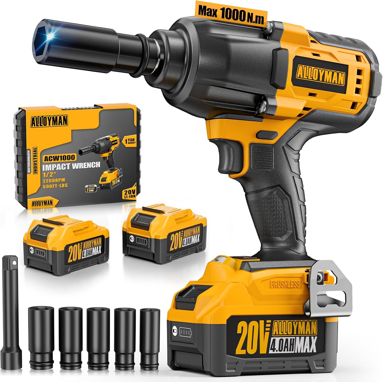 Alloyman 775Ft-lbs(1000N.m) Cordless Impact Wrench, 1/2 inch Power ...