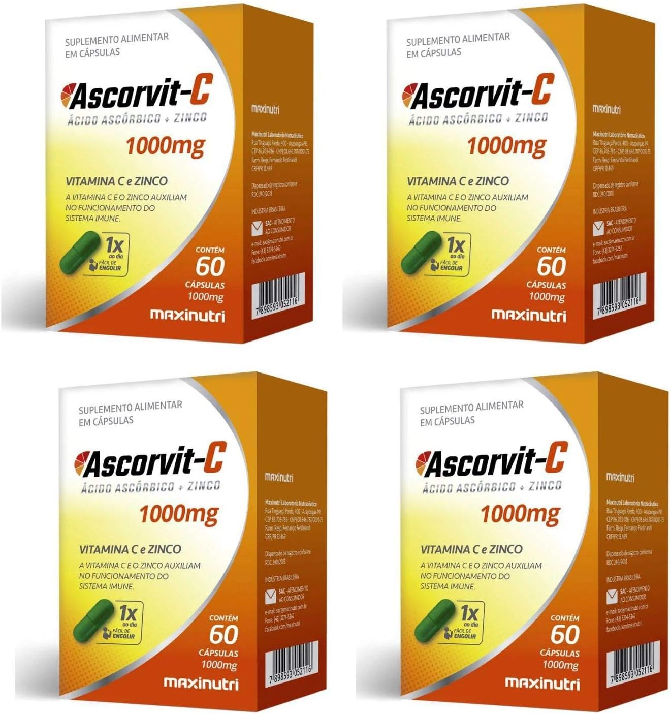 Ascorvit-C 1G (Vitamina C + Zinco) - 60 Caps, Maxinutri | Amazon.com.br