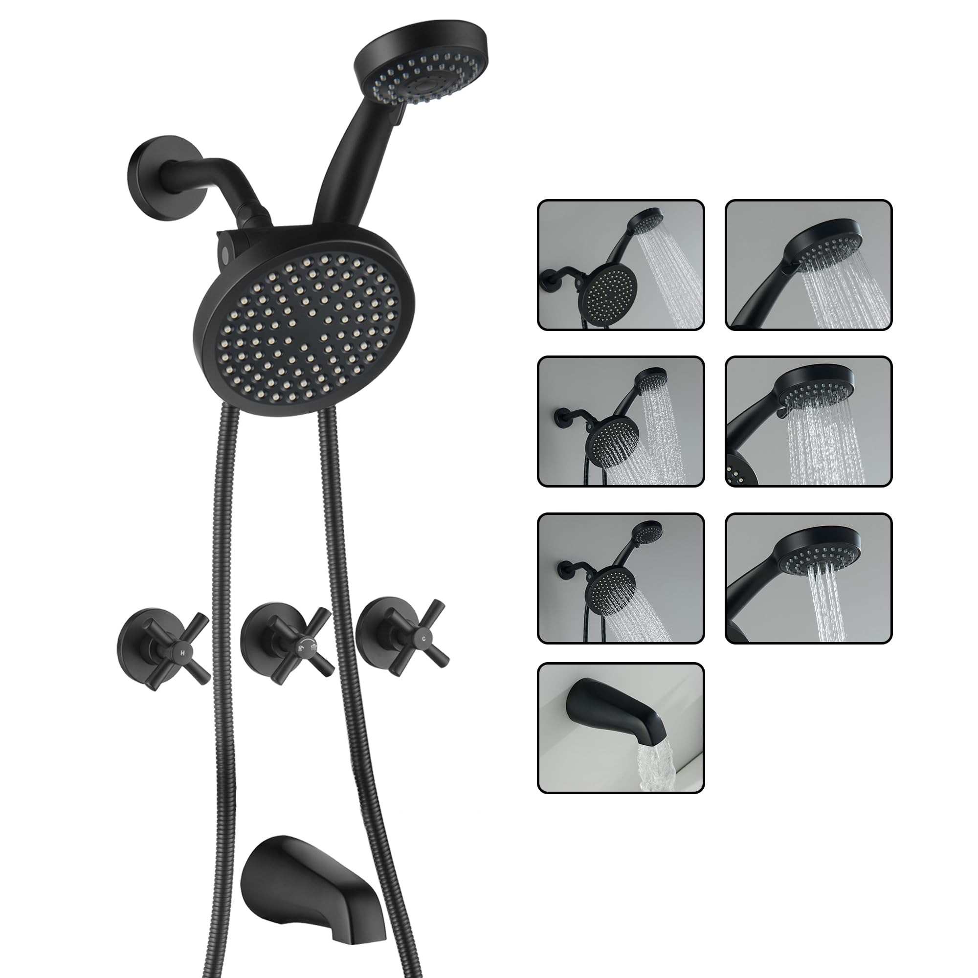 LIWEIKE 3 Handle Tub Shower Faucet, Matte Black Three Handles Shower ...