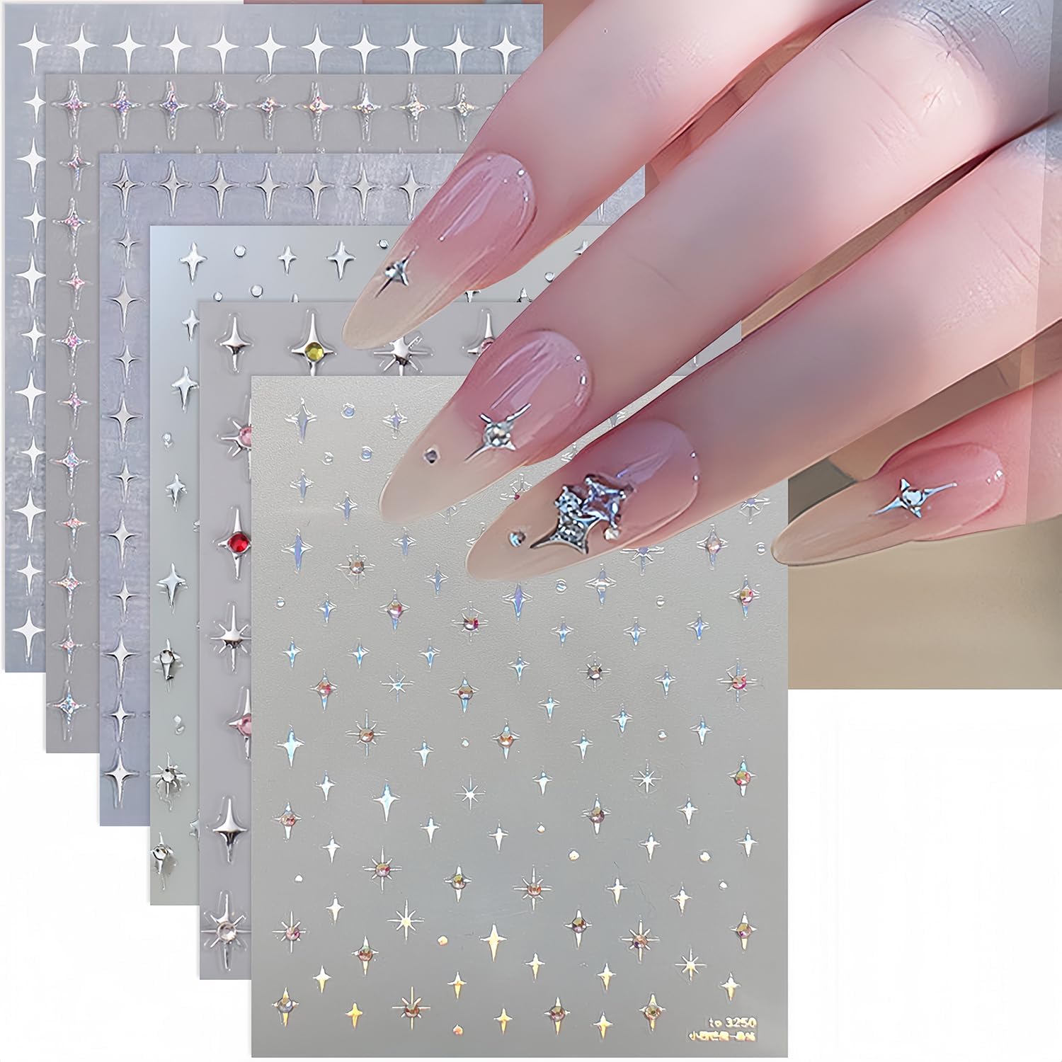 Amazon.com: Shiny Crystal Star Nail Stickers for Nail Art, 6 Sheets ...