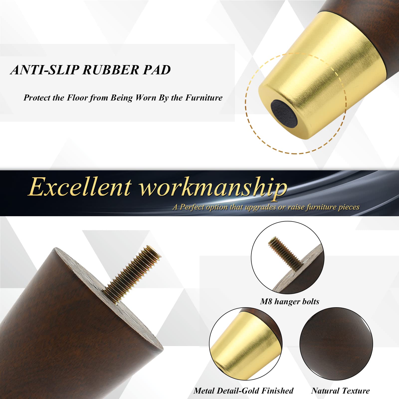 Snapklik.com : 4pcs 8 Inch Wood Furniture Legs, Straight Conical Solid ...