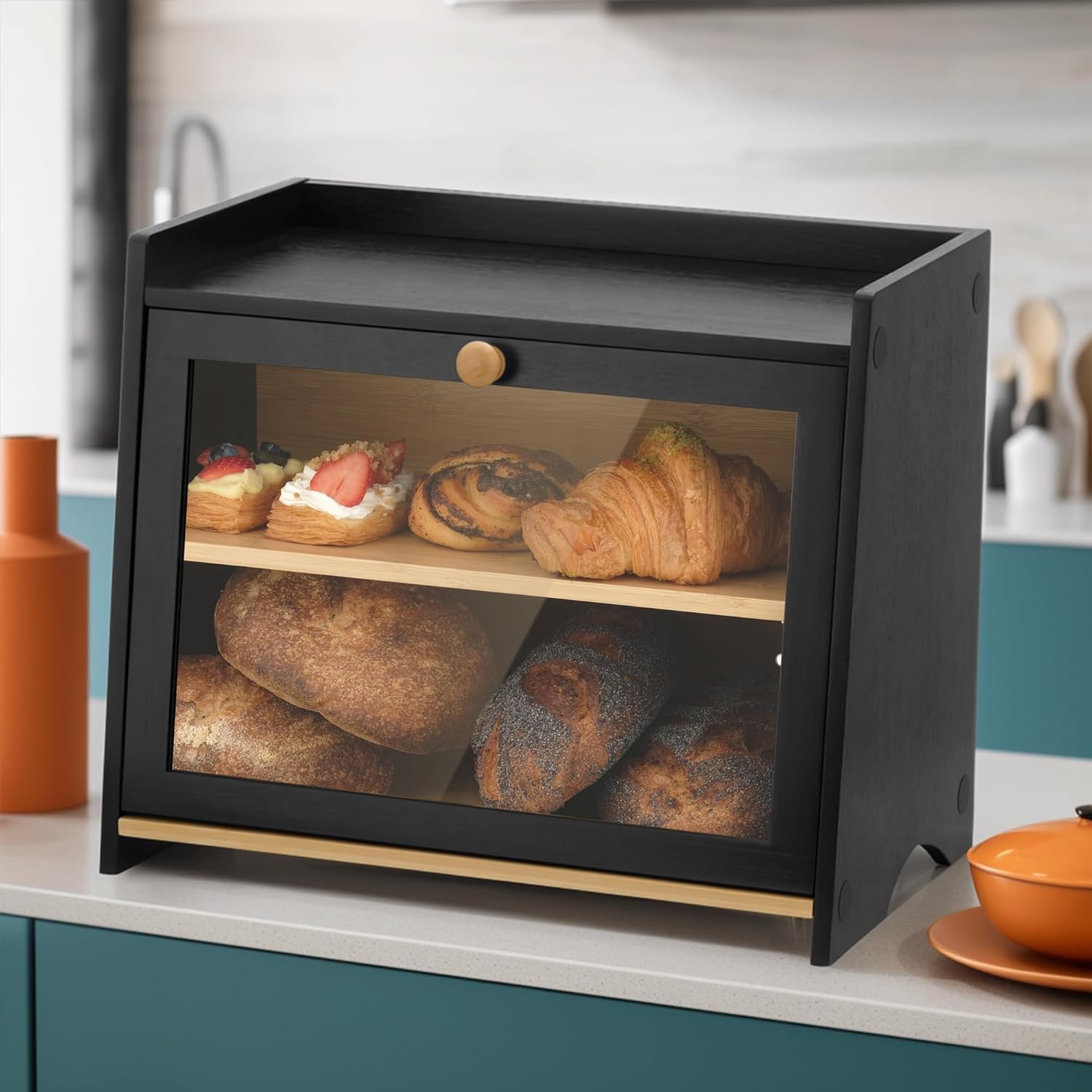 Black Bread Box for Kitchen Countertop, Large Bread Storage Container ...