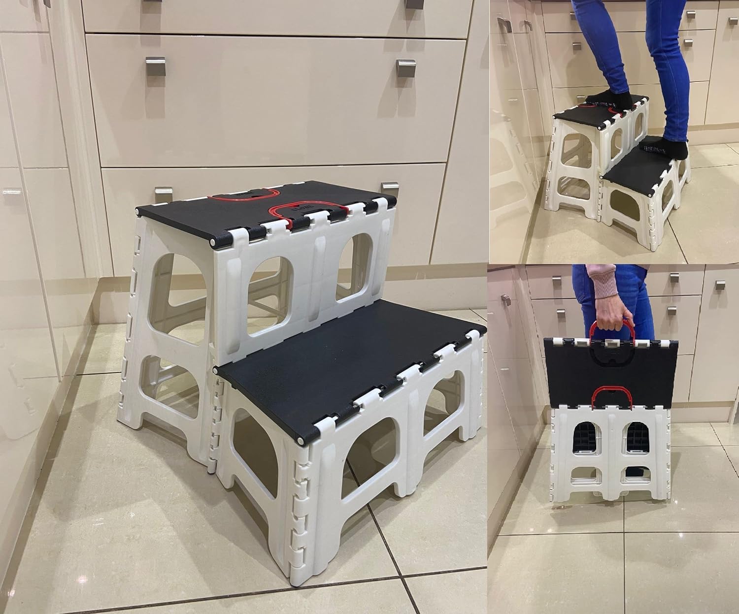 Two Step Folding Step Stool Non-Slip Feet Fold Away Collapsible Step ...