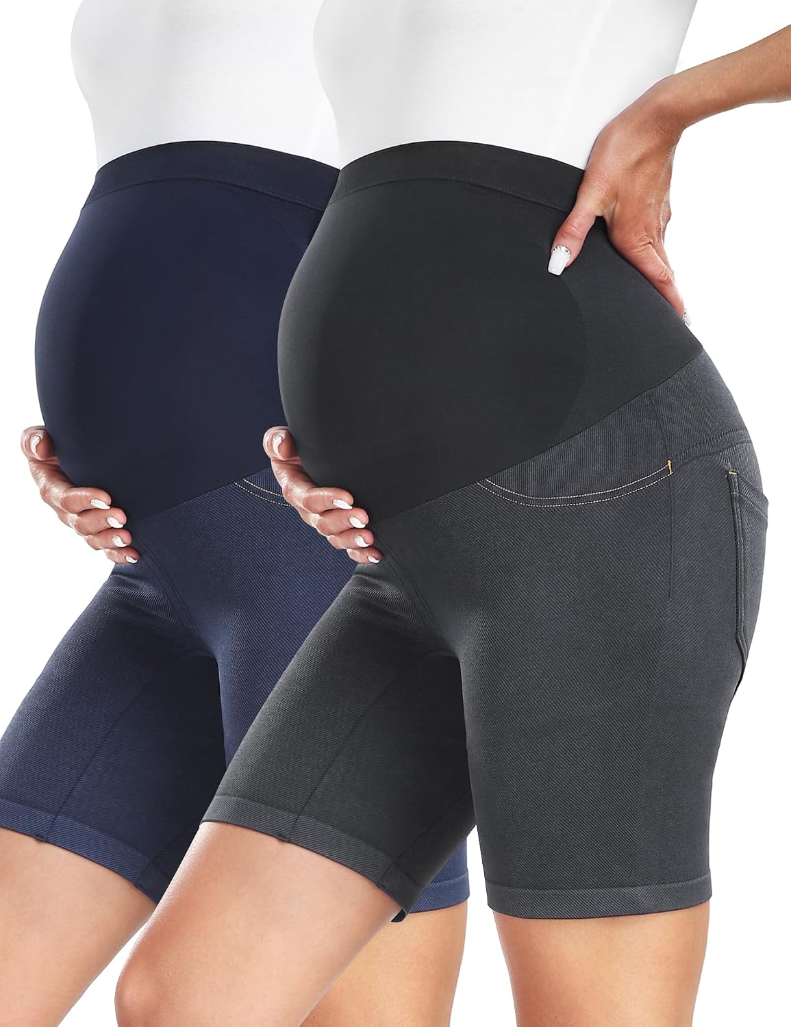 HOFISH Maternity Denim Shorts Over The Belly Seamless Faux Jeans ...