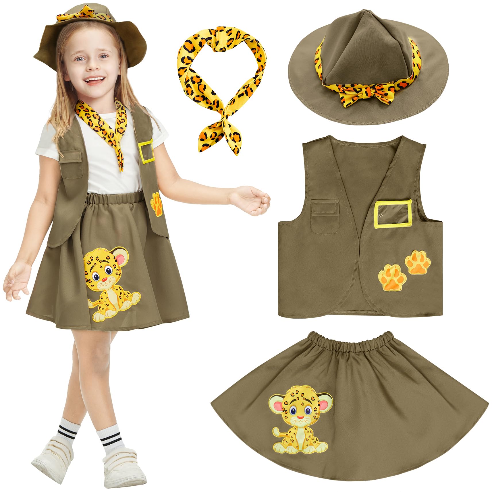 IKALI Girls Explorer Costume, Safari 4 Piece Vest Skirt Scarf Hat Kit ...