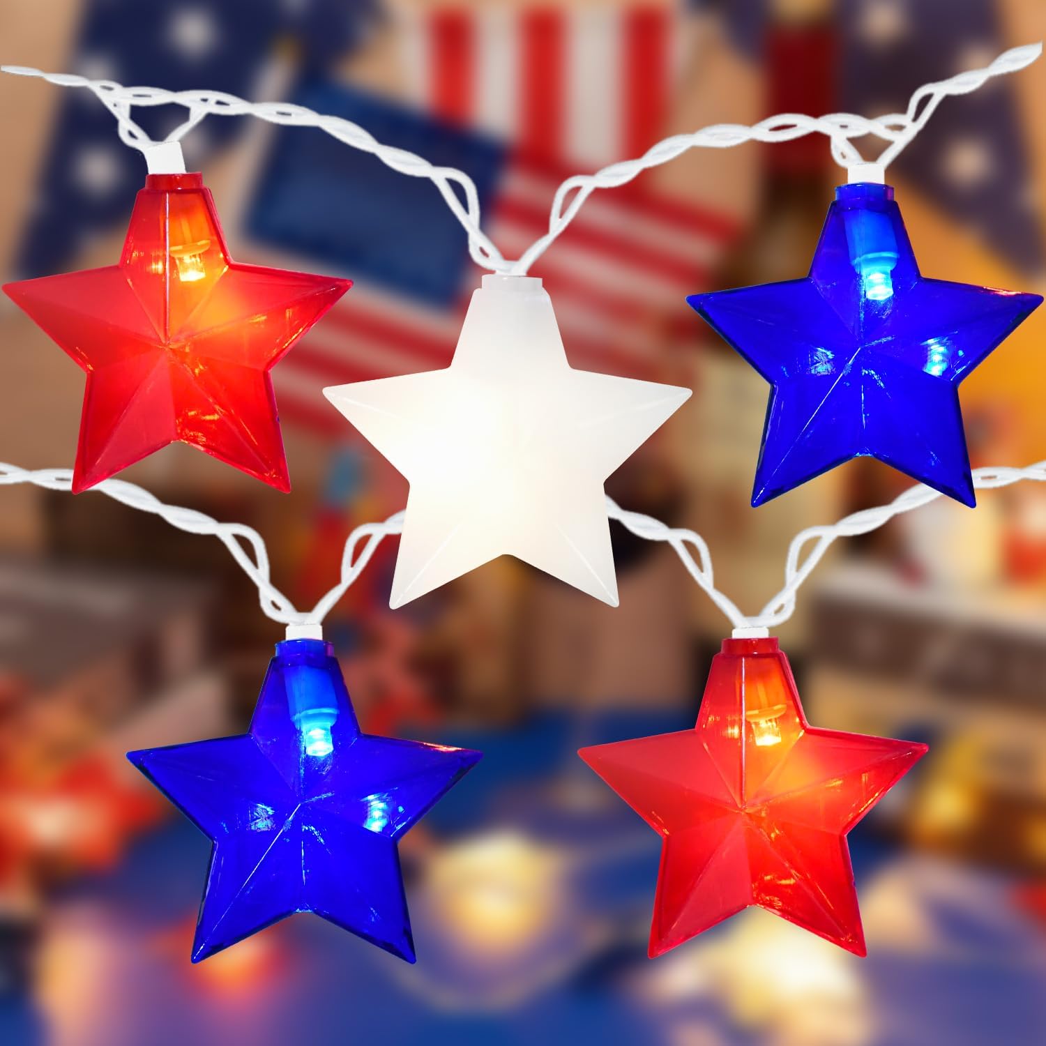 20 LED Big 4th of July Red White and Blue Star Lights, 17FT Star Lights ...