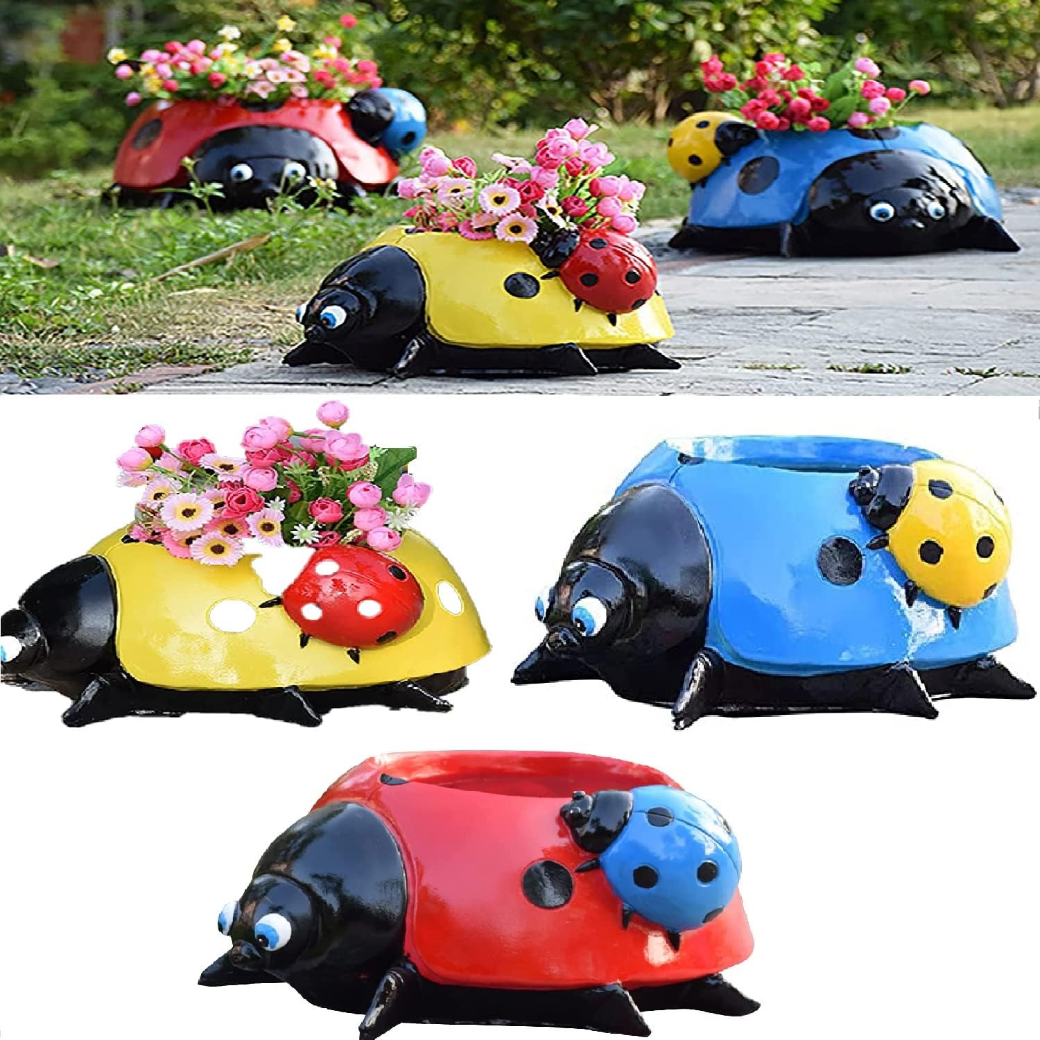Amazon.com: Metal Ladybug Flower Pot, Whimsical Ceramic Ladybug Planter ...