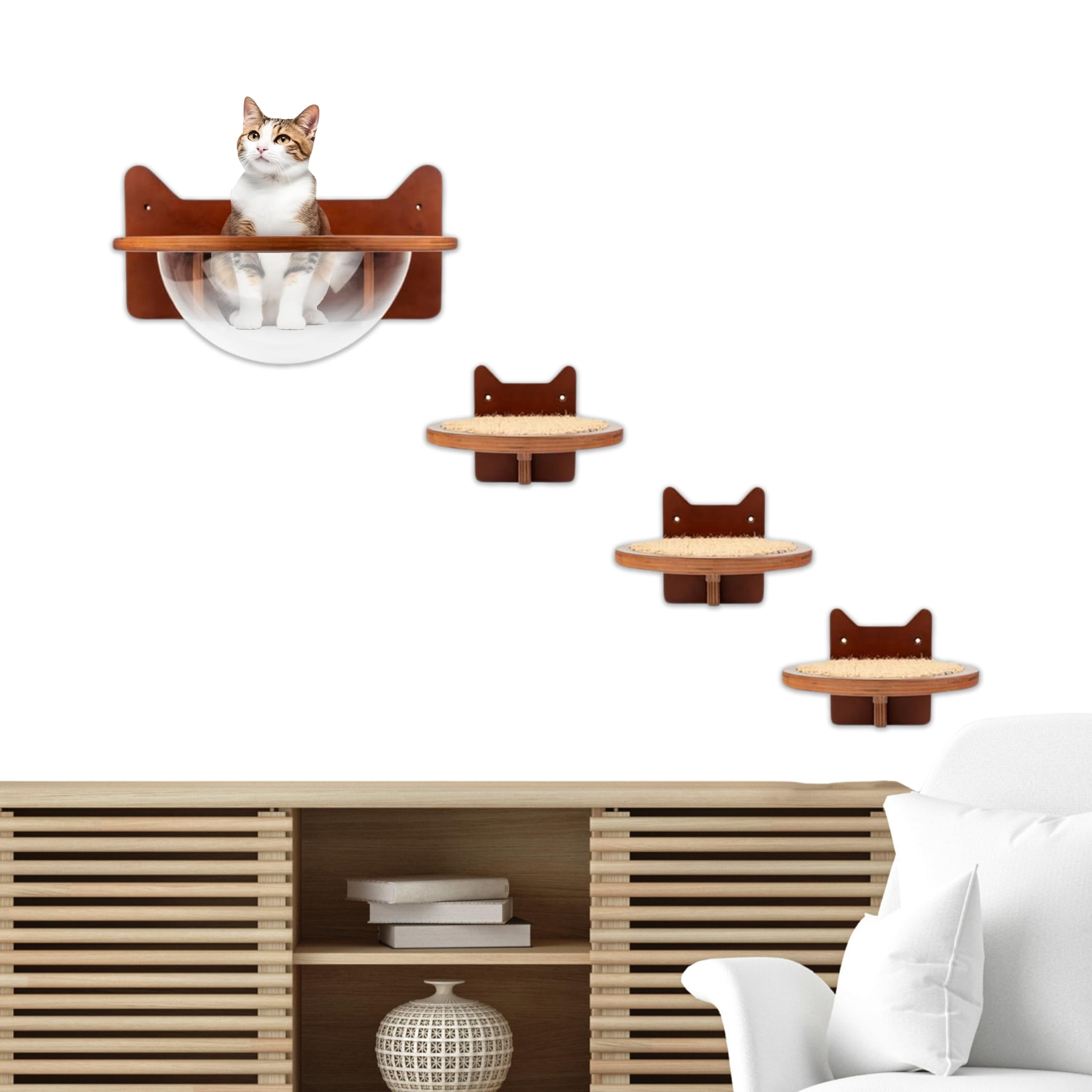 Mounted Cat Wall Shelves Set with Transparent Capsule Bowl Bed and 3 ...