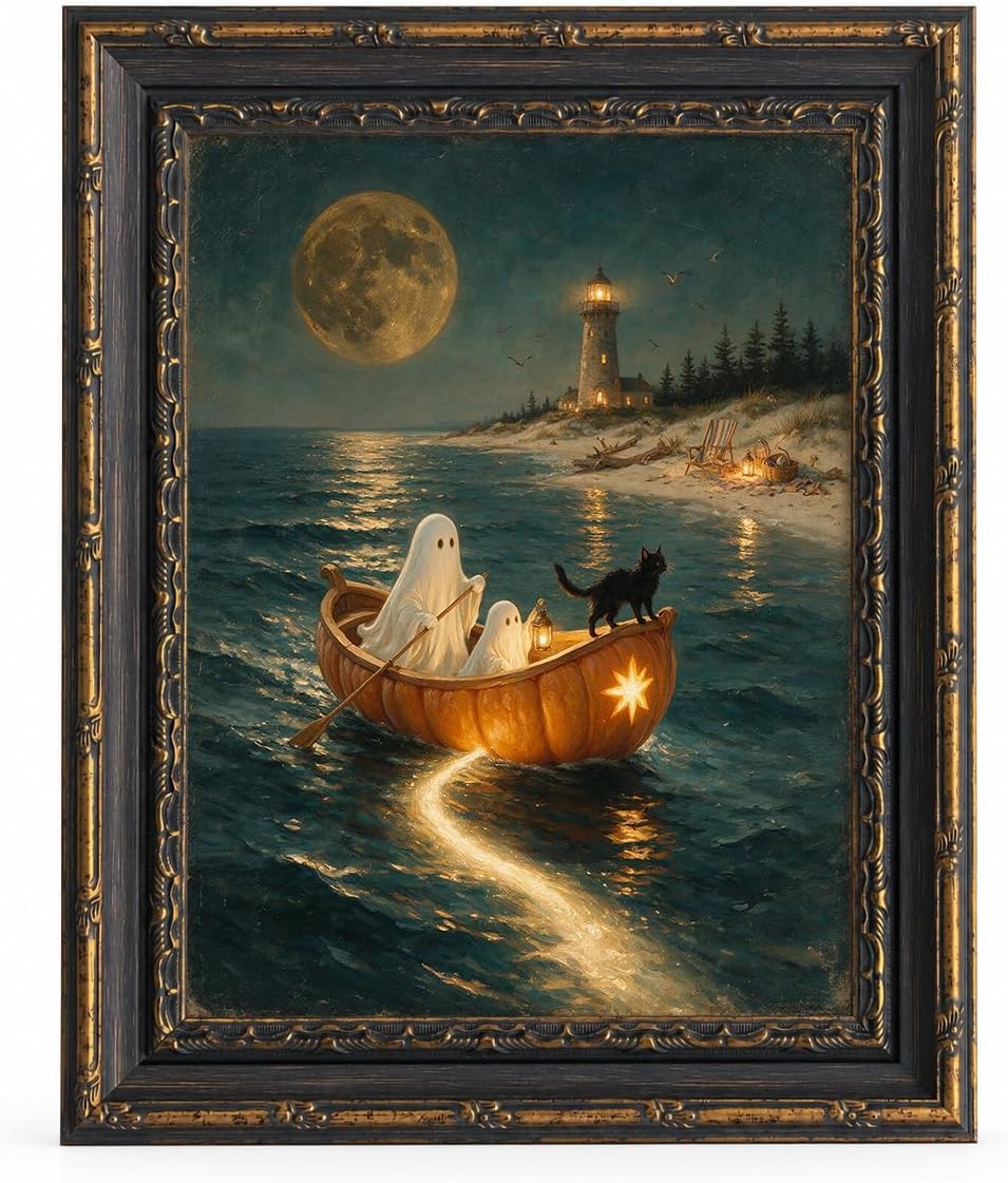 Amazon.com: Halloween Wall Art, Ghost Pumpkin Boat, Black and Gold ...