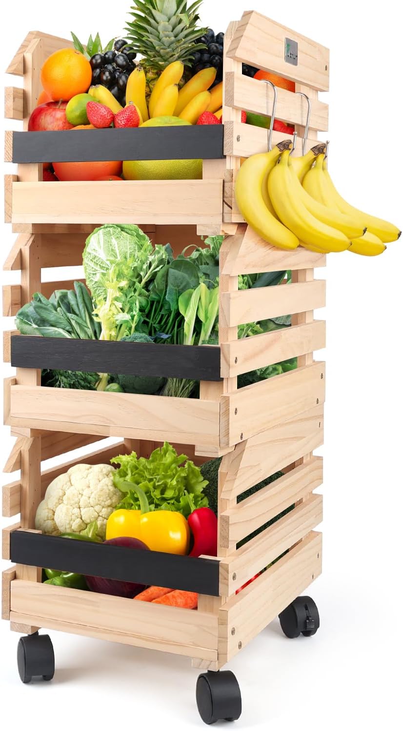 Amazon.com: Wooden Fruit Basket 3 Tier with Wheels, Kitchen Countertop ...