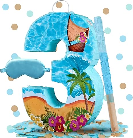 Amazon.com: Blue Sea Number 3 Pinata, 16 Inch Hawaii Beach Theme Piñata ...