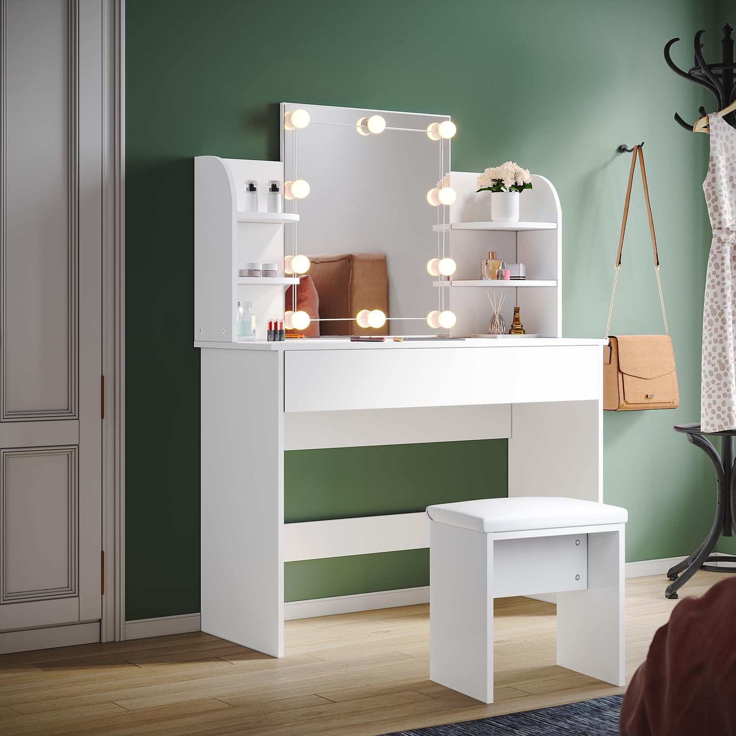 SUNXURY Schminktisch mit Beleuchtung und Hocker Kommode Frisiertisch ...