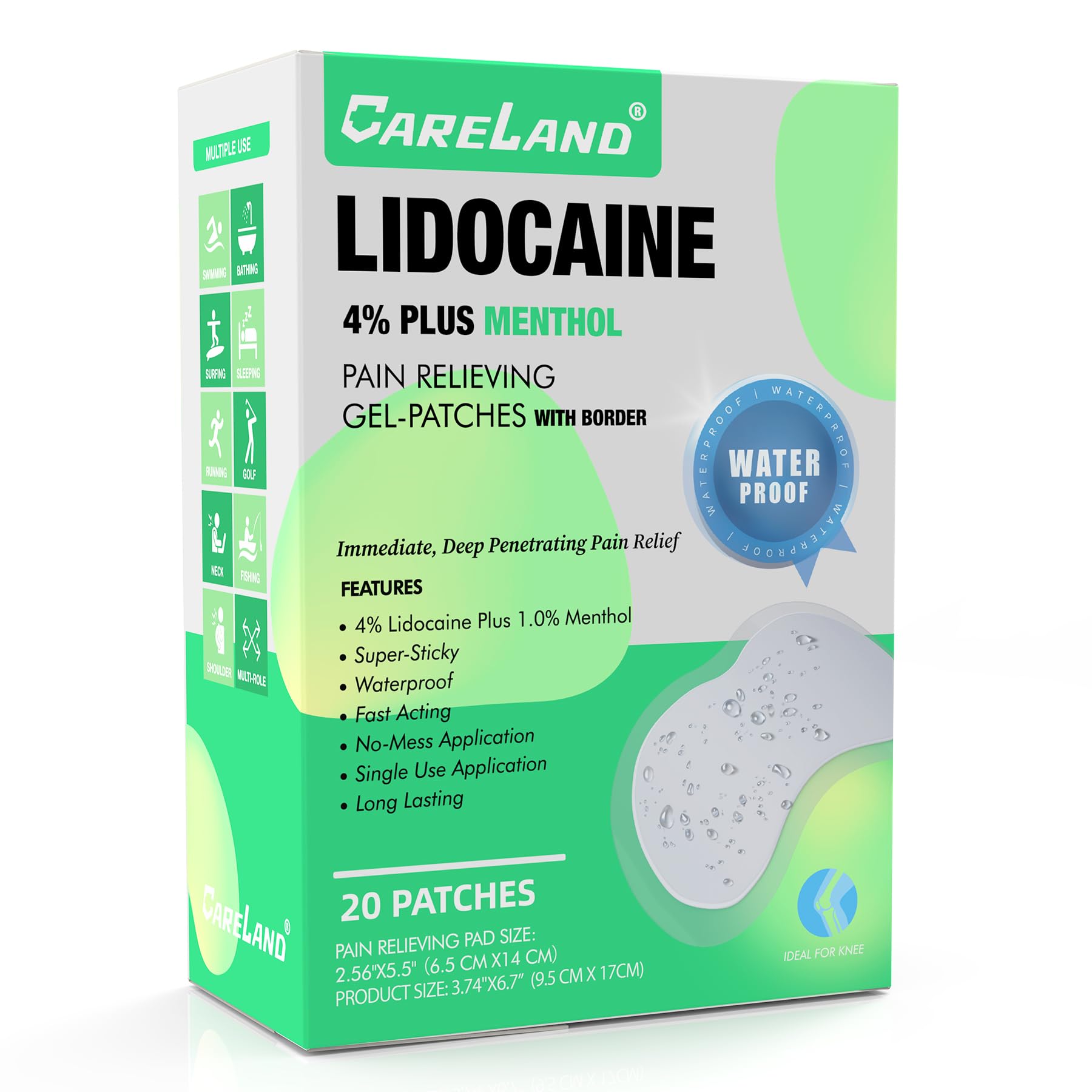 Snapklik.com : CARELAND 4% Lidocaine Knee Patches Plus 1% Menthol,20 ...