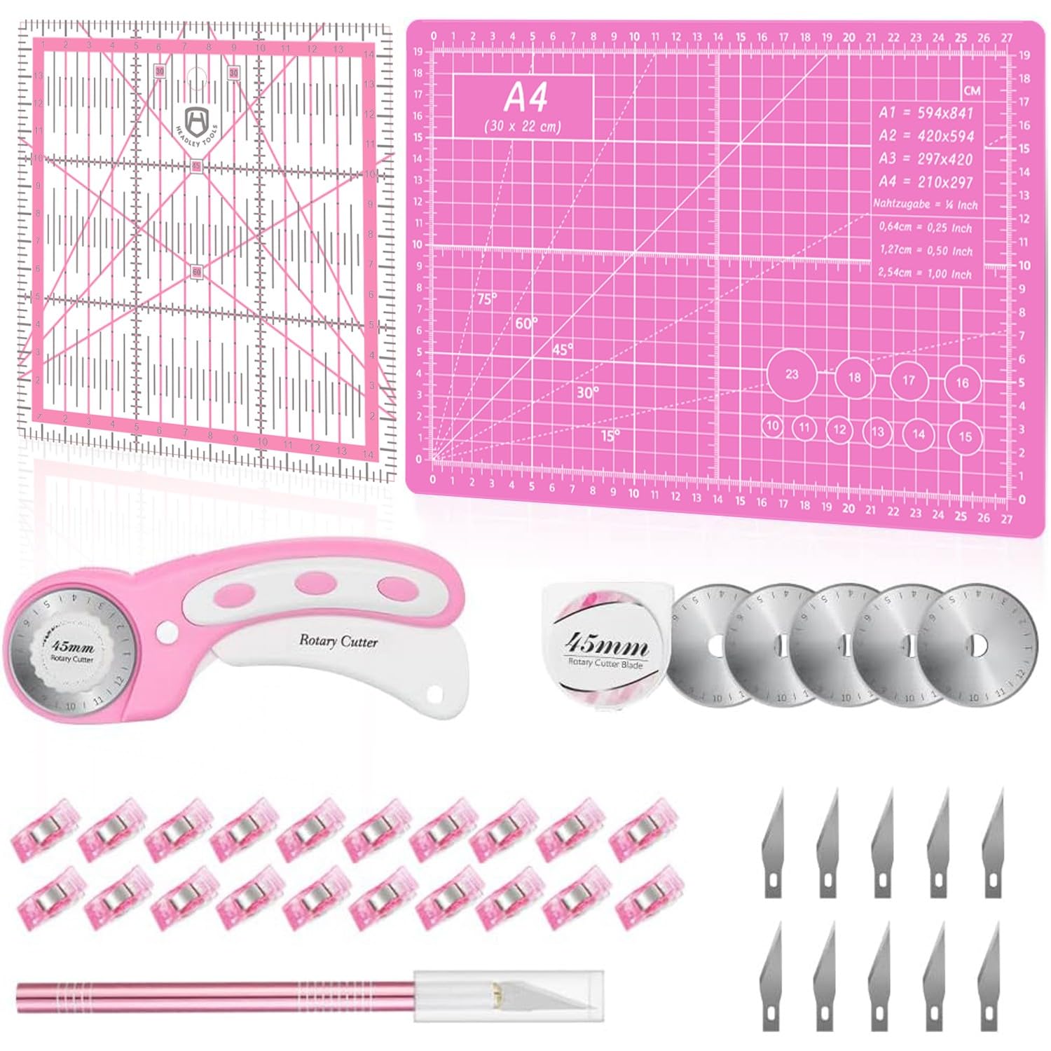 Rotary Cutter Set - Quilting Kit incl. 45mm Fabric Cutter, 5 Extra ...