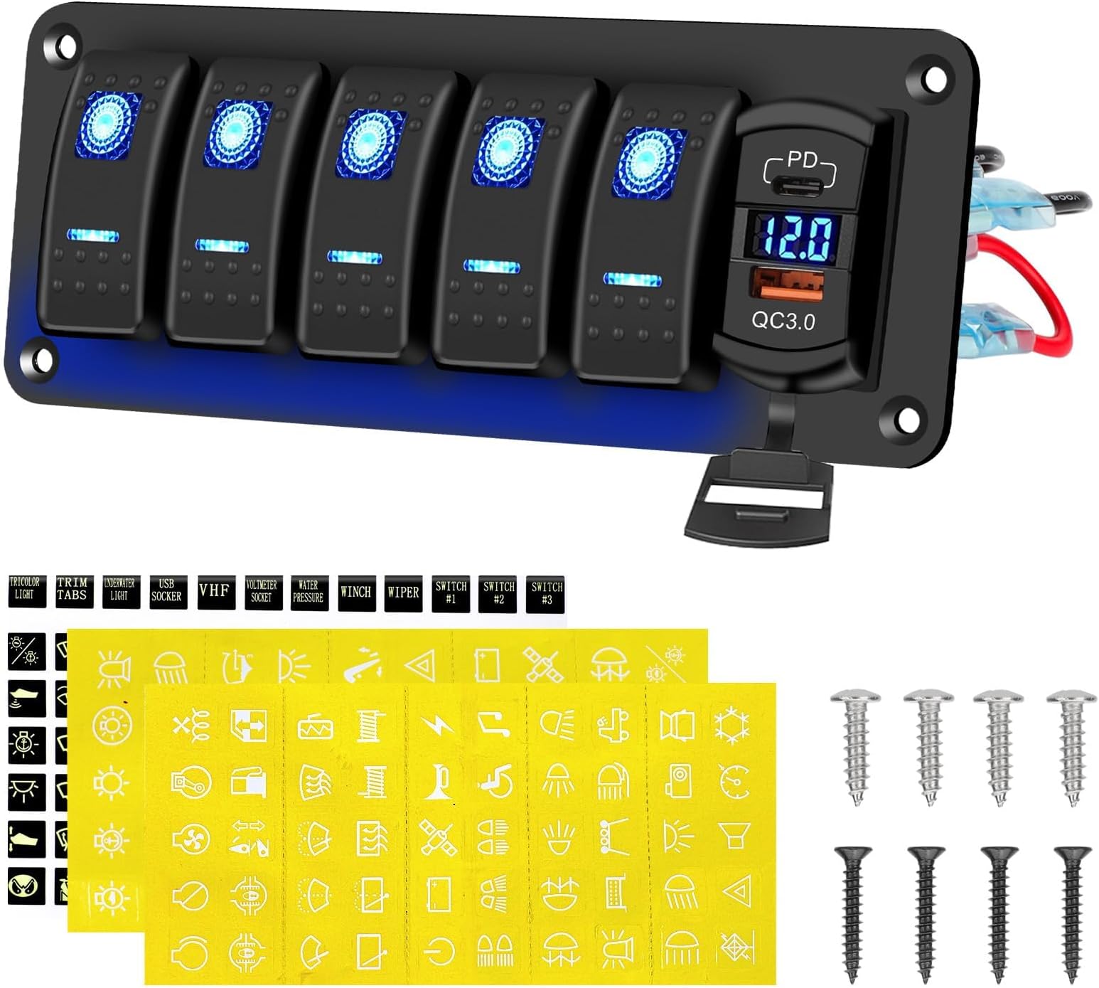 12V Switch Panel 12V/24V Toggle Panel Switches 5 Gang w/Voltmeter & 4 ...