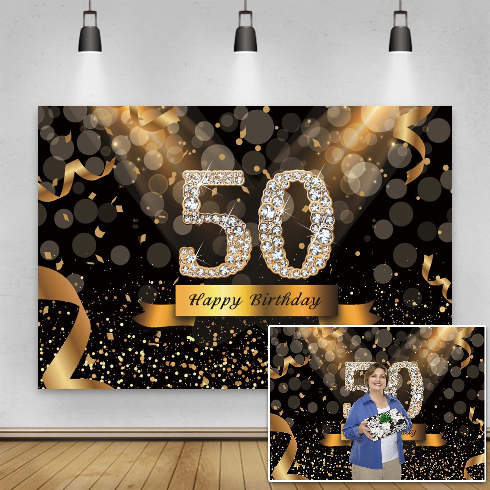 Yeele 10x8ft Black And Gold Backdrop 50th Happy Birthday Backdrop ...