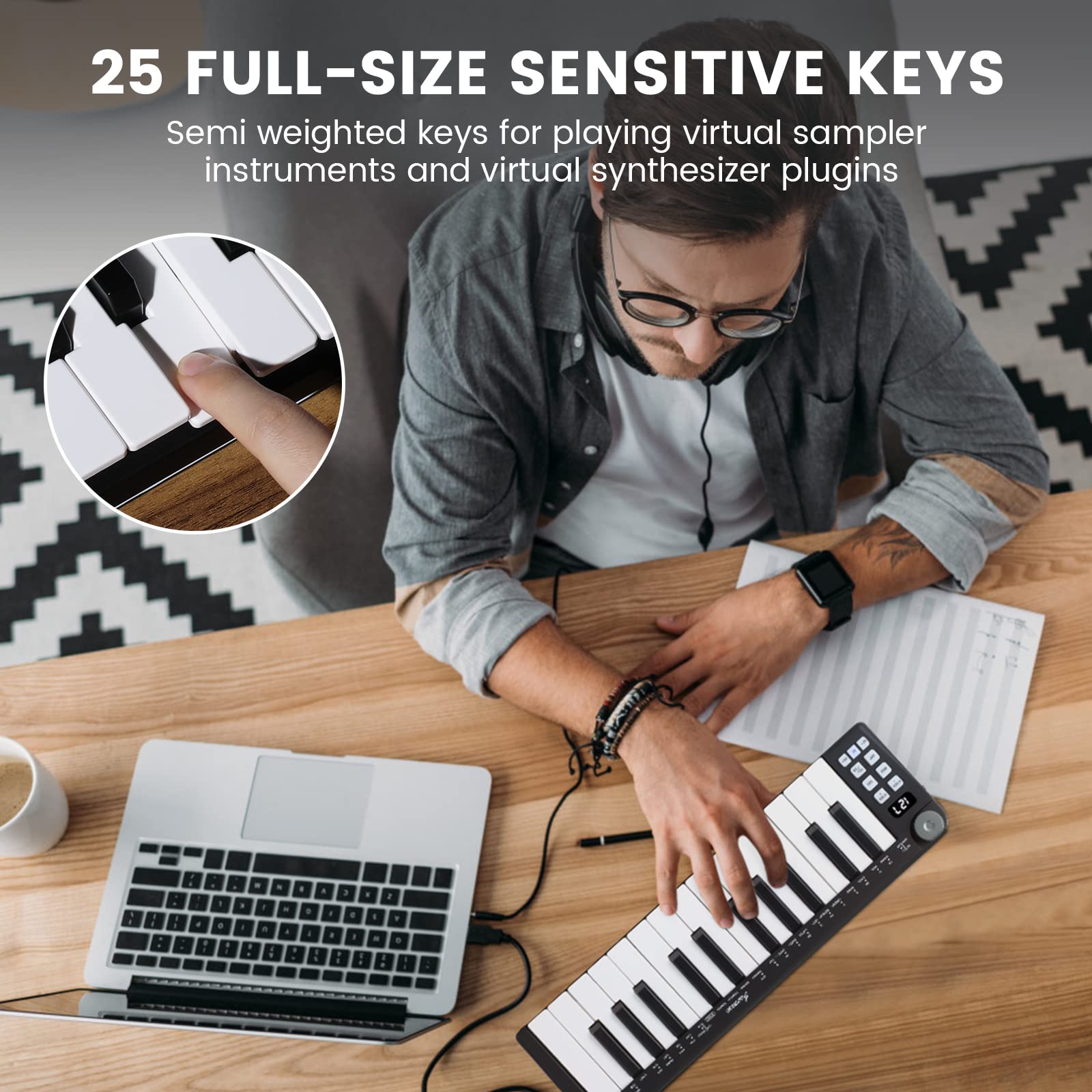 Snapklik.com : Asmuse 25 Key USB MIDI Keyboard, Bluetooth Sensitive Keys MIDI Controller