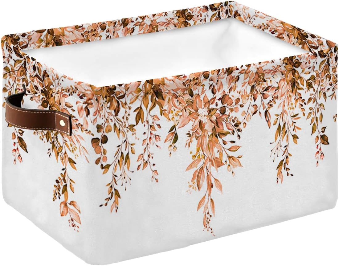 Weeping Flower Storage Basket for Shelves, Orange Botanical Leaves ...