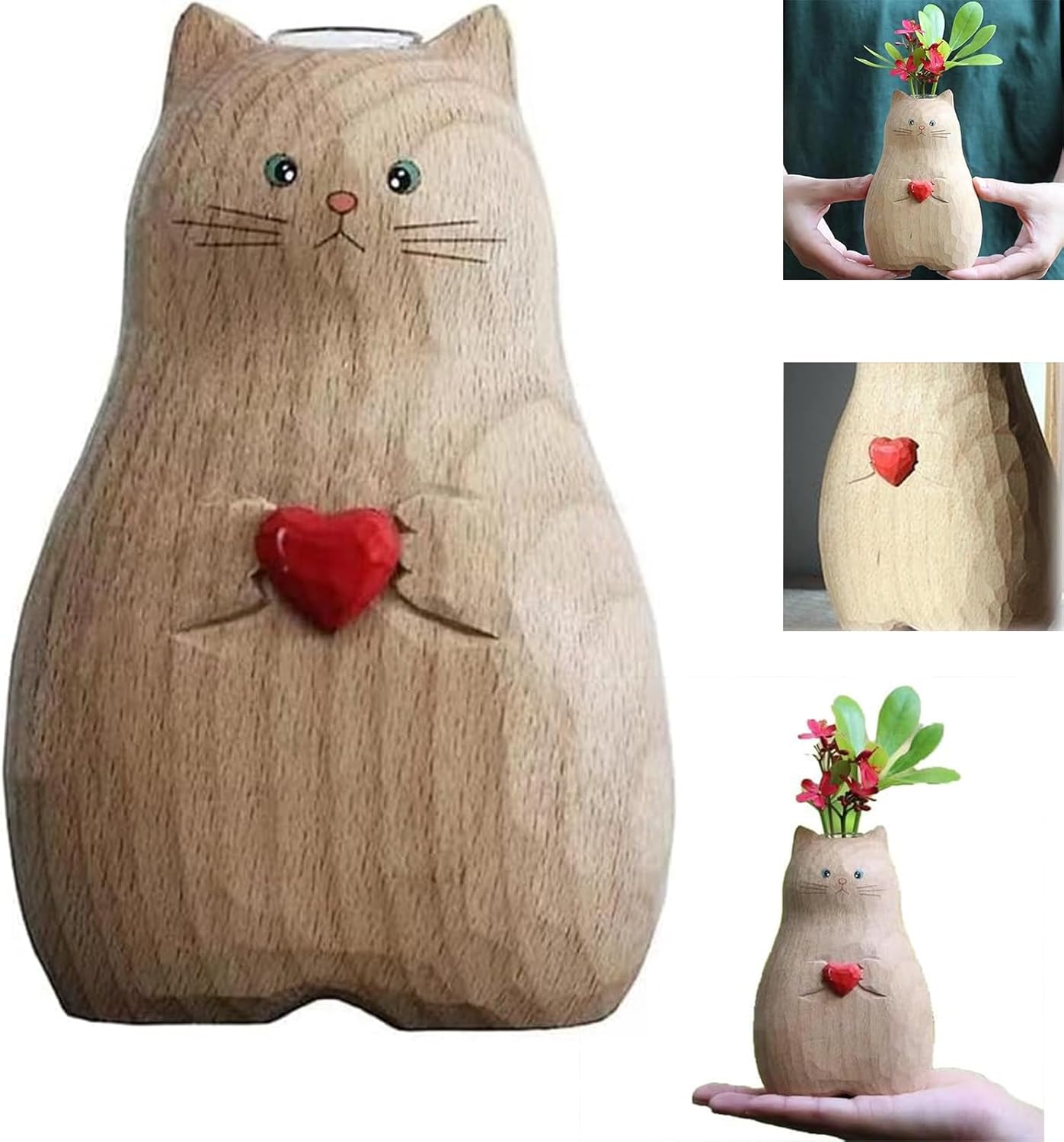 Amazon.com: Handmade Wooden Cat Vase, Solid Wood Cat Statue Vase Home ...
