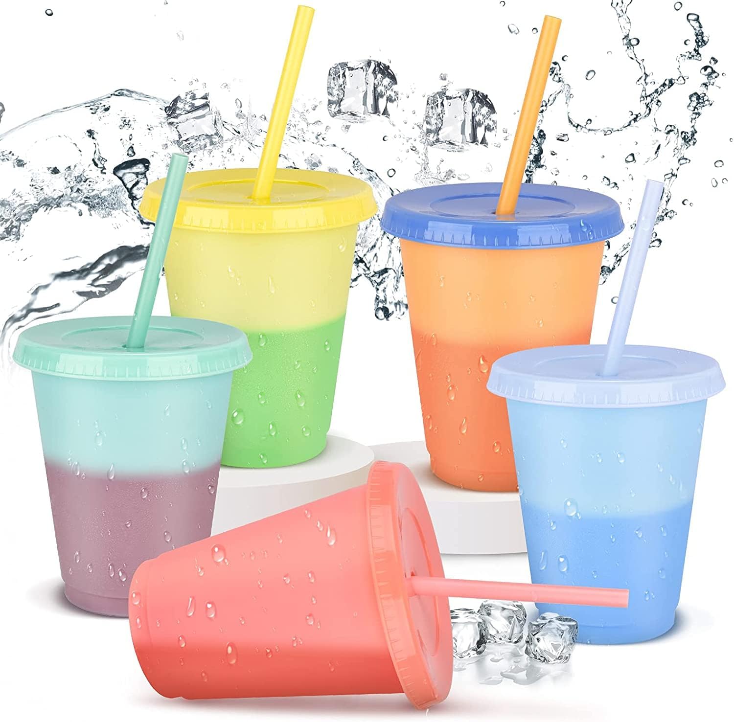 Kids Cups Tumblers with Lids & Straws - 7 Pack 12 OZ Iced Water Colour ...