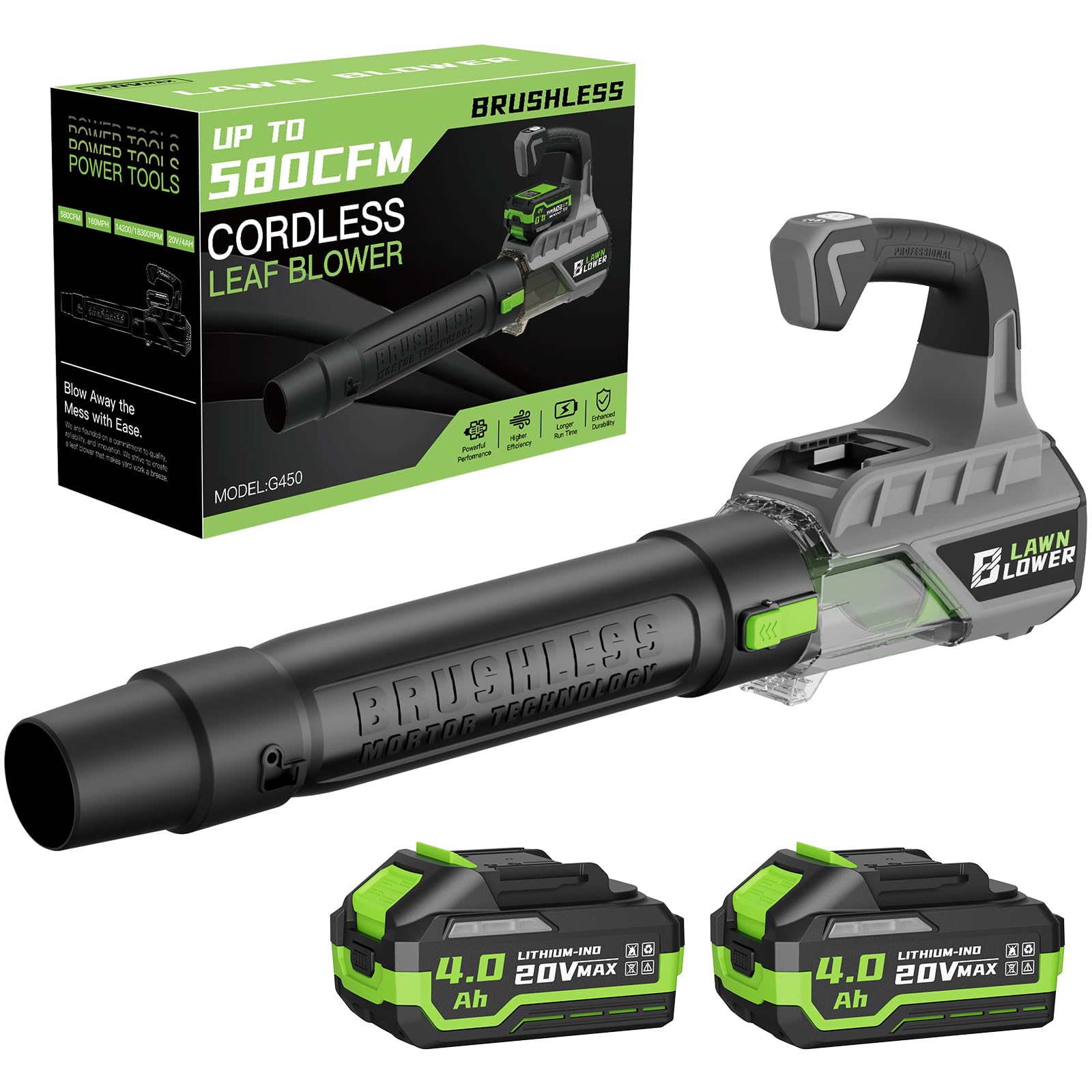 Amazon.com: Leaf Blower Cordless with Brushless Motor, 580CFM 160MPH ...