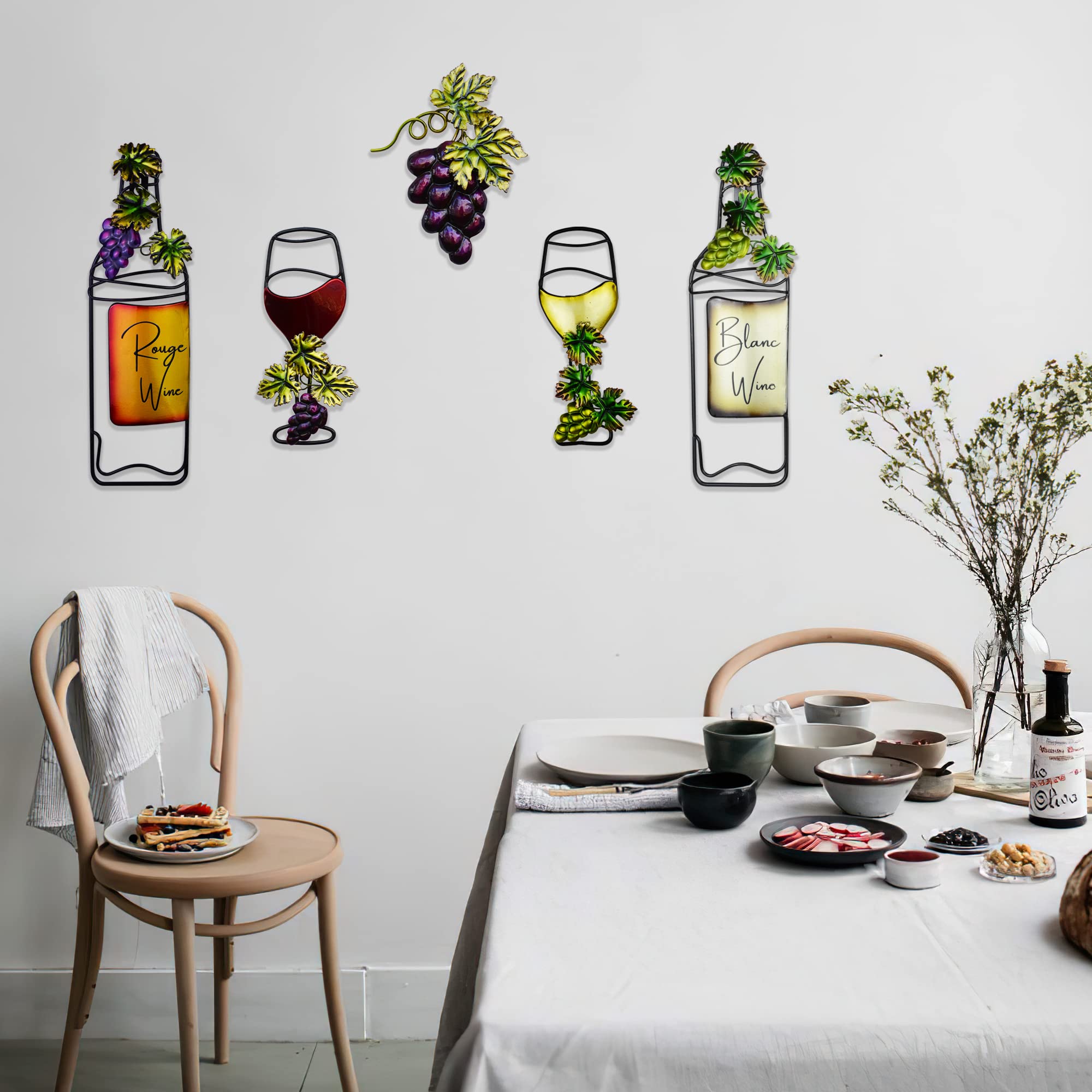 NewVees Wine Metal kitchen Wall Art Decor 5 pcs Vintage Red & White Wine Glass Wine Bottle Fake ...