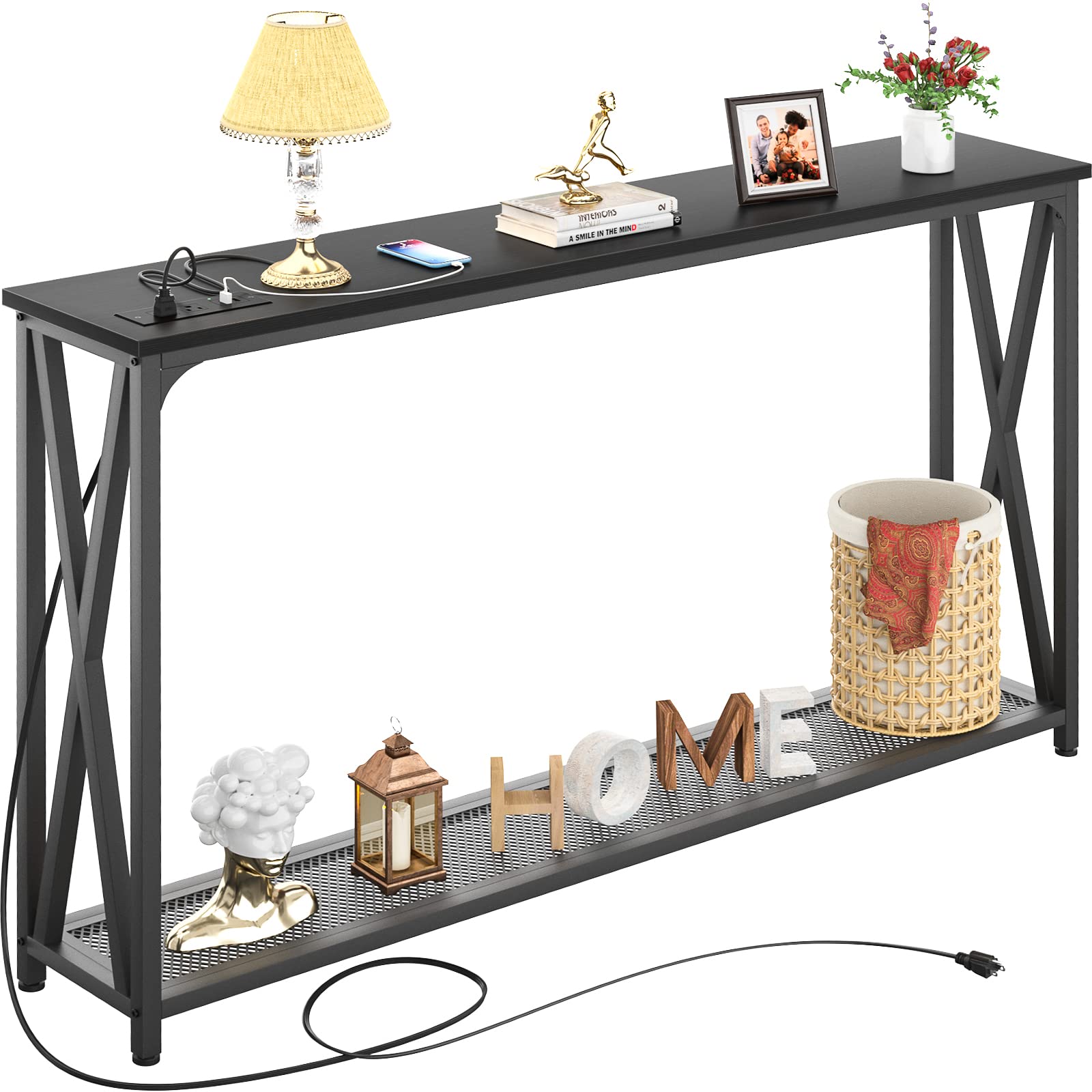 Karcog Narrow Console Table with Recessed Power Strip, 47 Inch Sofa ...