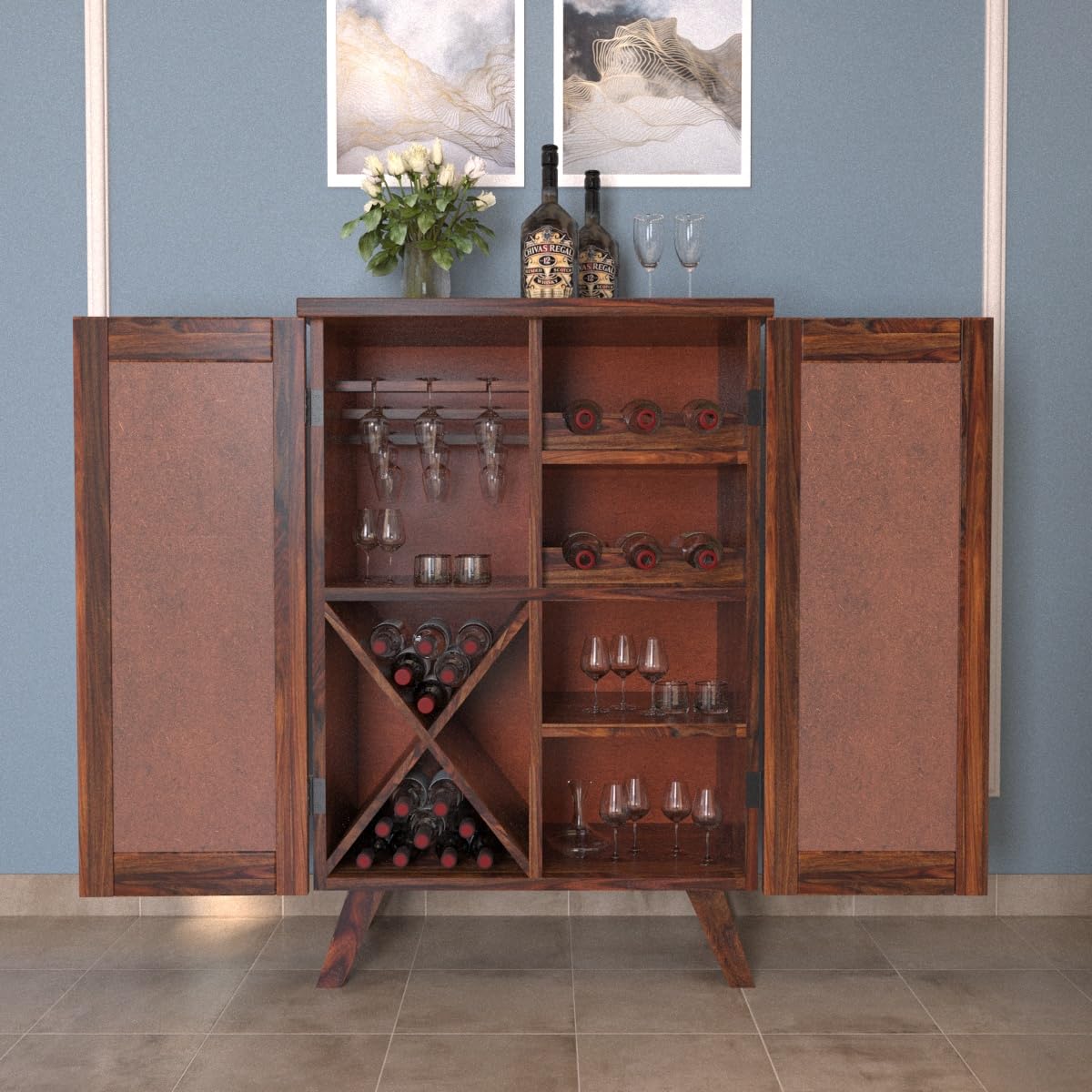 DRIFTINGWOOD Solid Wood Bar Cabinet Wine Storage Rack with Drawer ...
