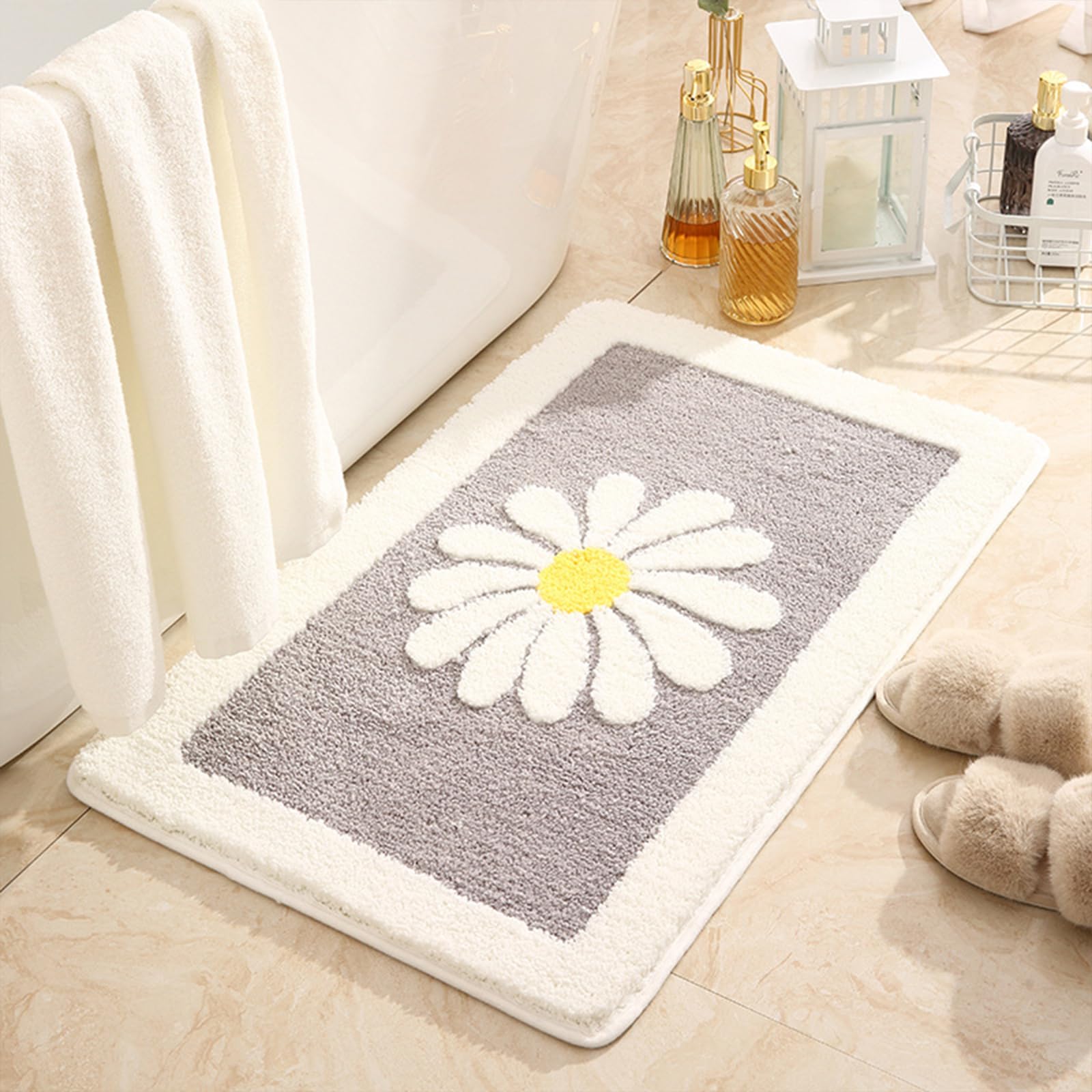 Amazon.com: Bazasa Bathroom Mat Cute Daisy Bath Rug White and Yellow ...