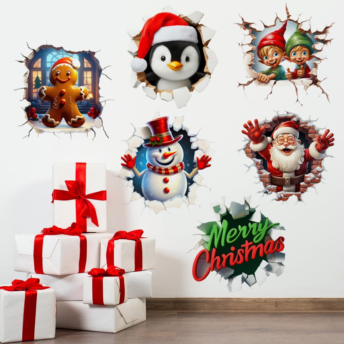 3D Christmas Decals Christmas Santa Claus Gingerbread Man Snowman Wall ...