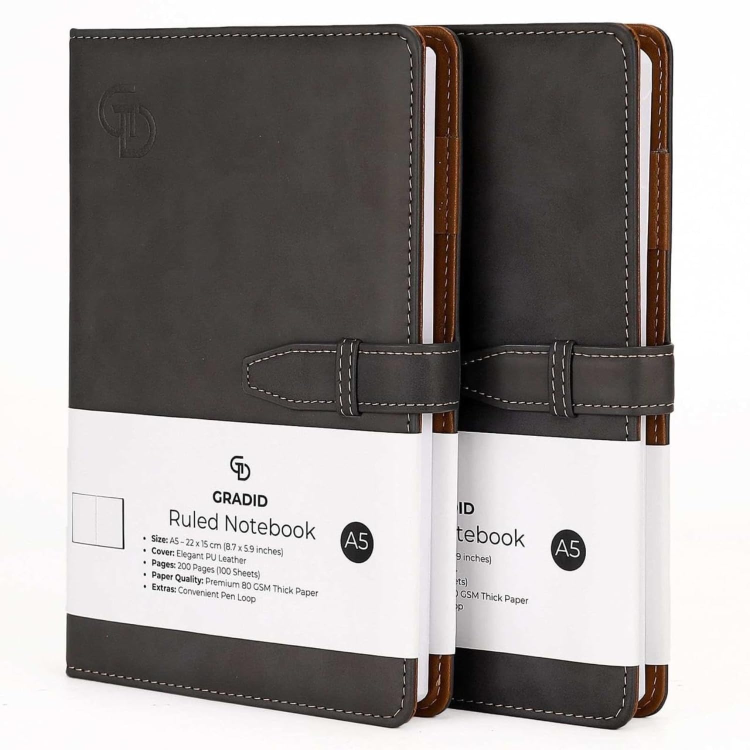 GRADID Pack of 2 A5 Gift Notebooks - PU Leather, 200 Pages, Ruled, Pen ...